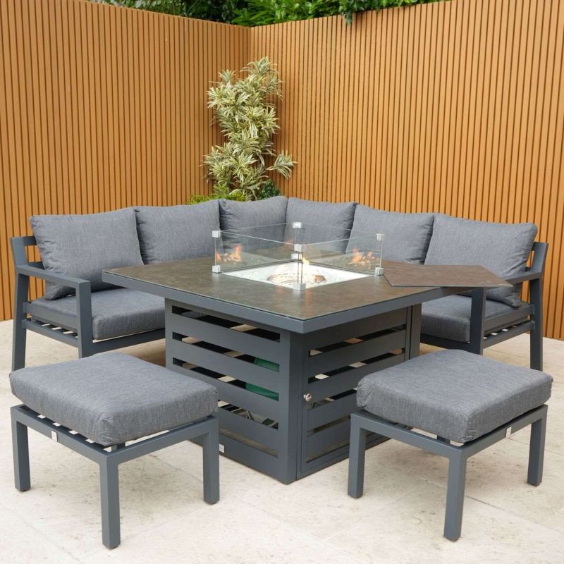 Claddagh Grey Square Casual Fire Pit Dining Corner Set with 2 Footstools